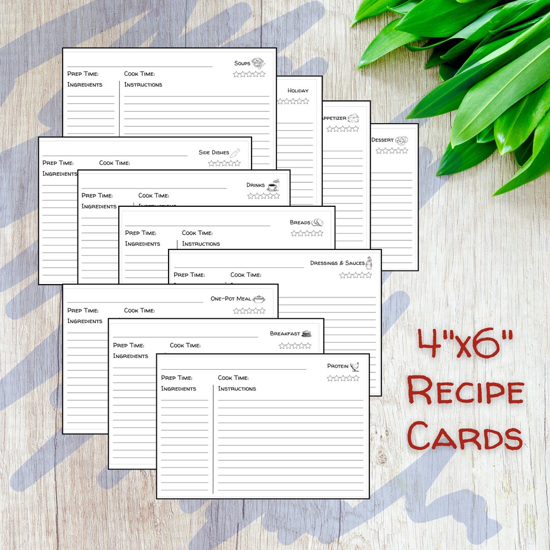 Printable 4x6 Recipe Cards, Homemade Cookbook, Easy to Use, Meal Ideas ...