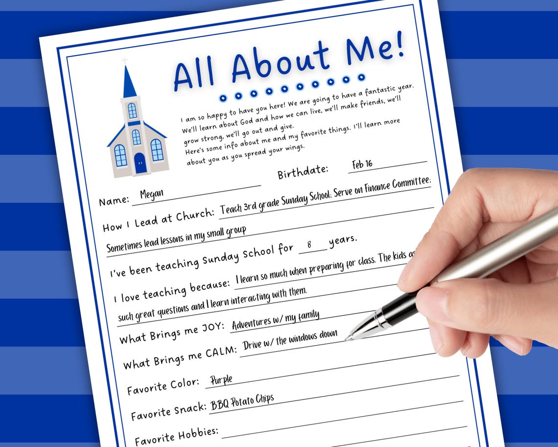 All About Me Sunday School Teacher Worksheet, Church Children's ...