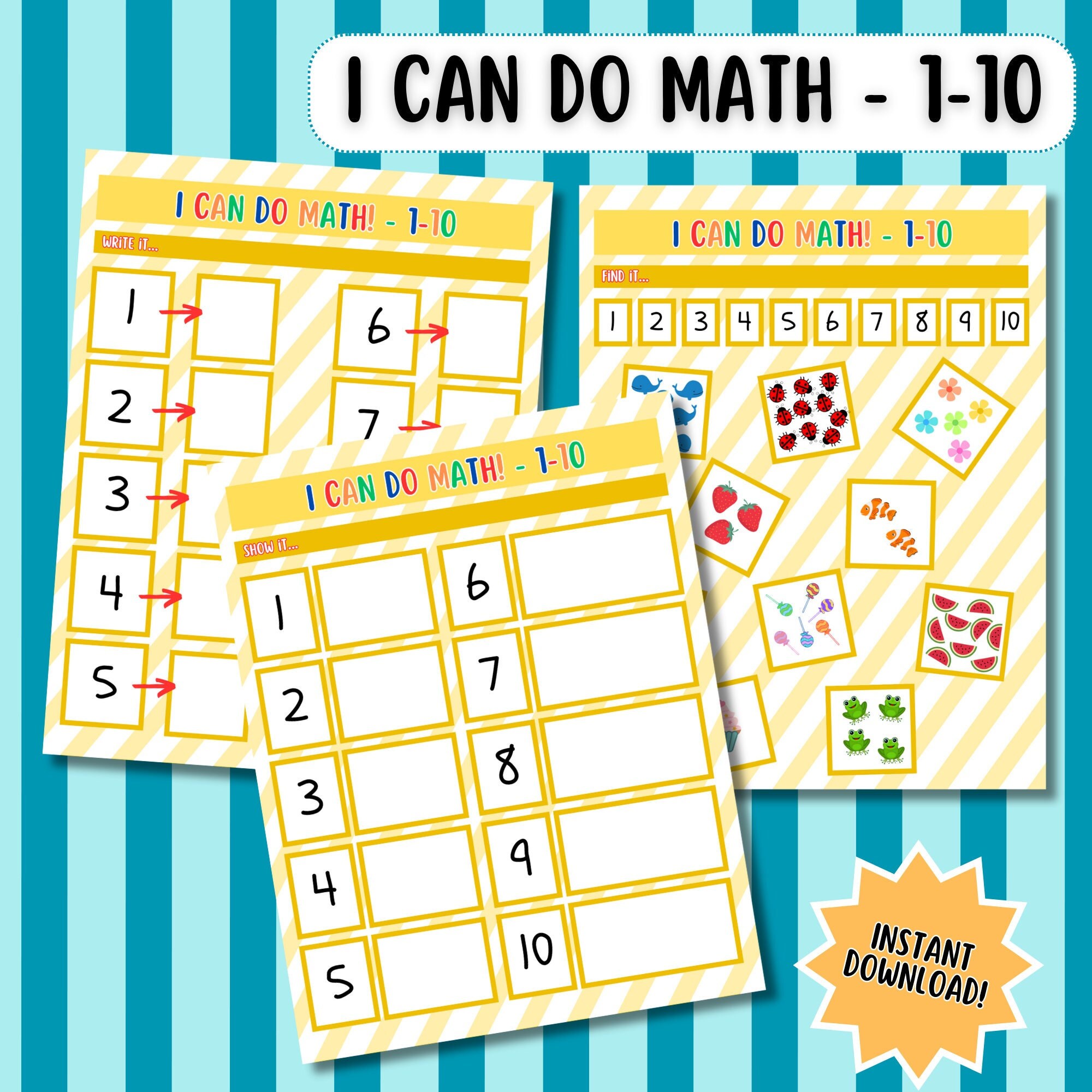 Math Numbers 1-10 Worksheets, Prek-k, Age 3-6, Preschool Kindergarten ...