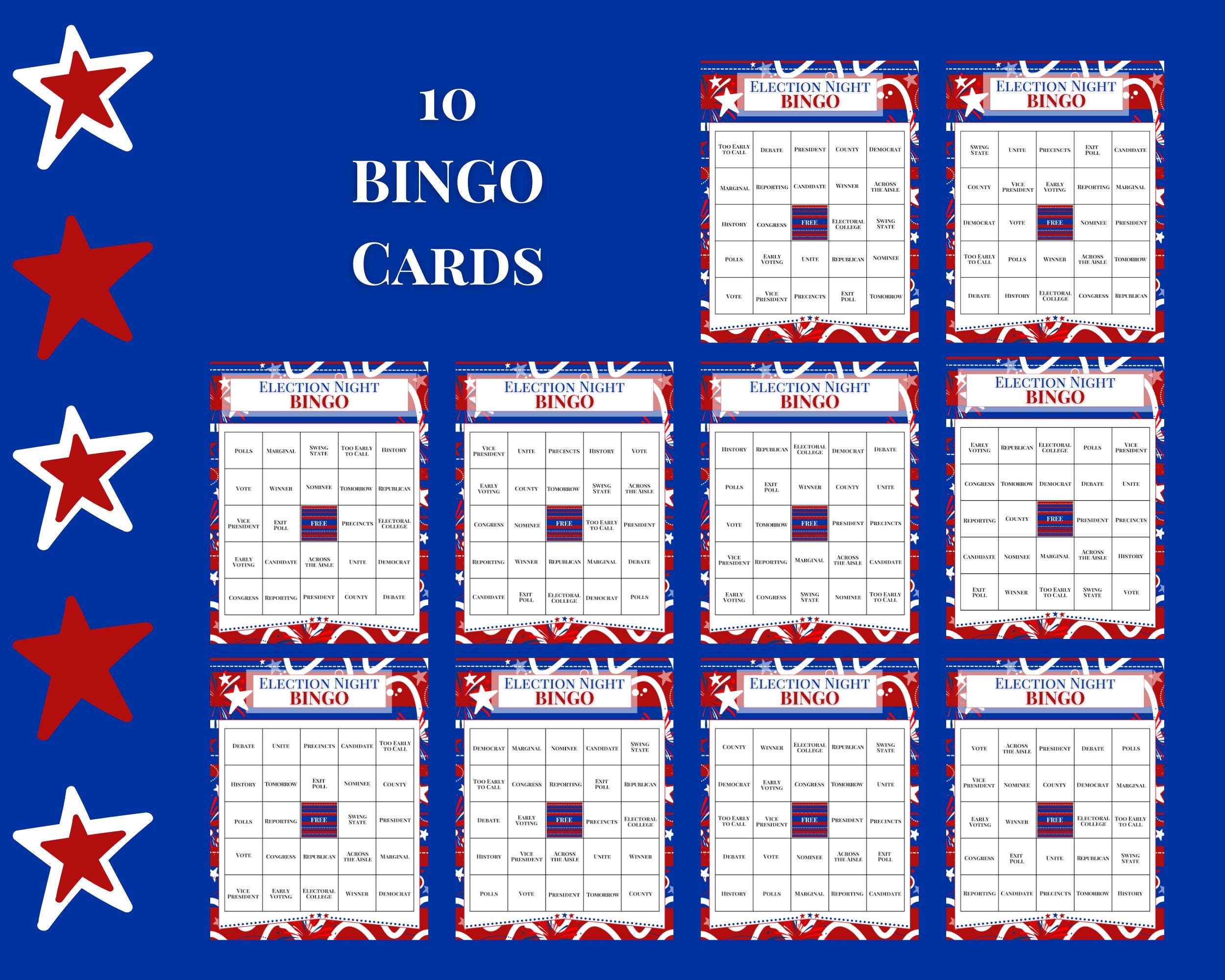Election Night Bingo Cards, Republican, Democrat, Election Watch Party ...