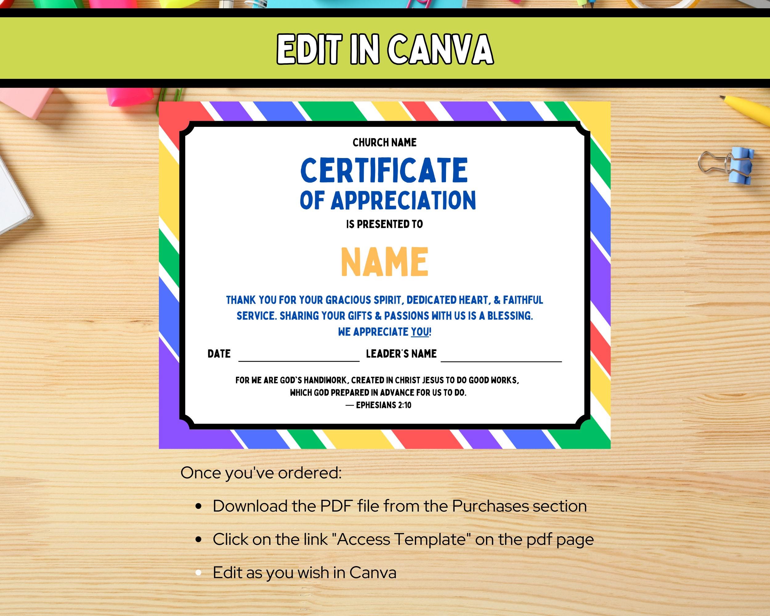 Church Certificate of Appreciation Template, Volunteer Teacher Church ...