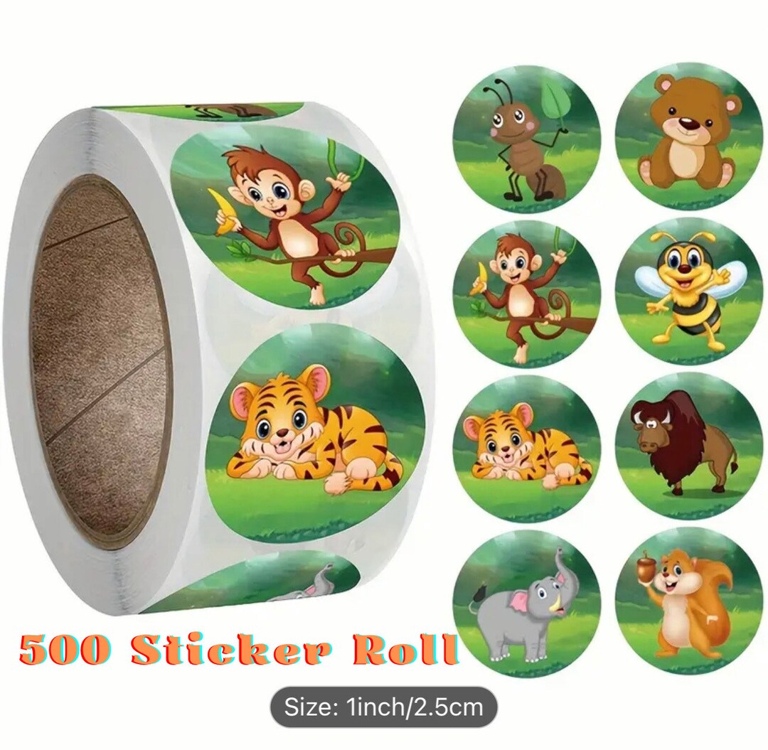 500 Jungle Animal Reward Sticker Roll for Kids Animated 8 Designs ...