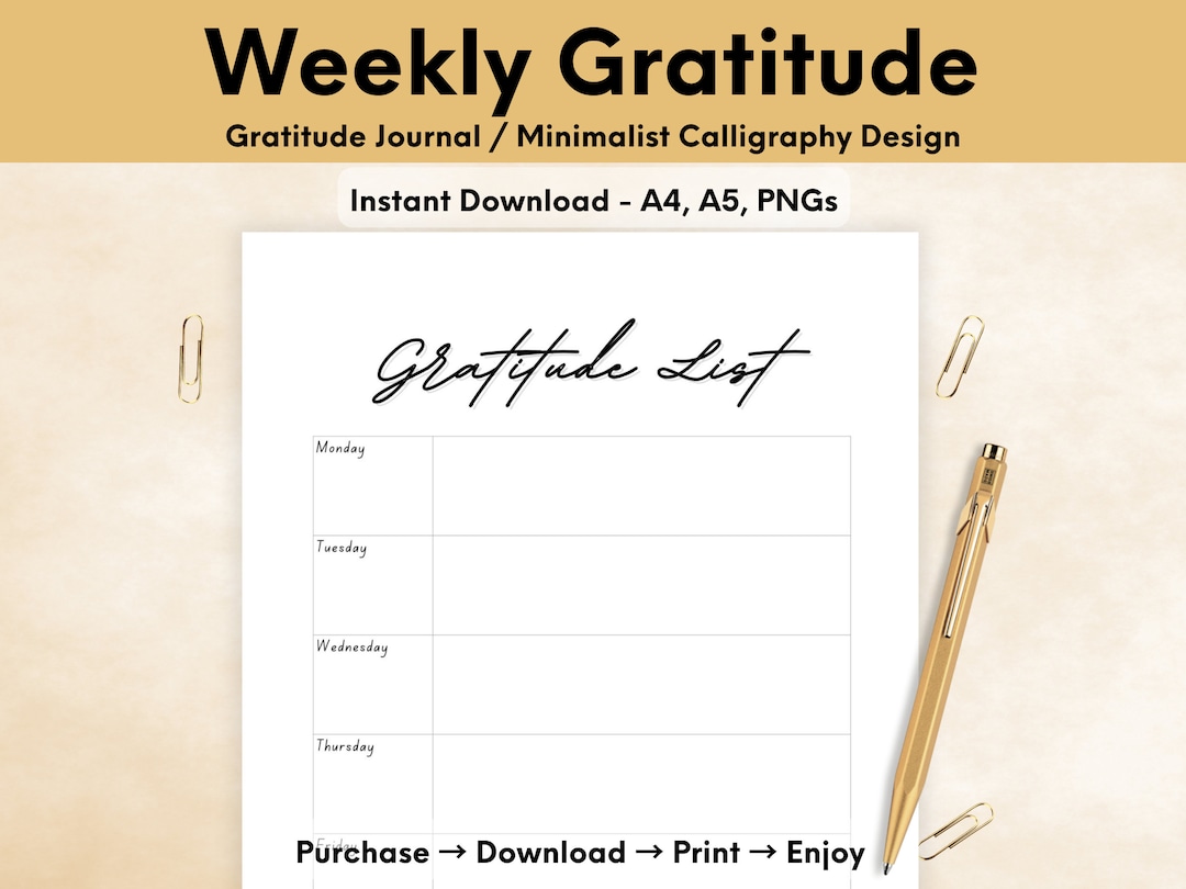 Weekly Gratitude Journal Printable, Minimalist Calligraphy, Gratitude ...