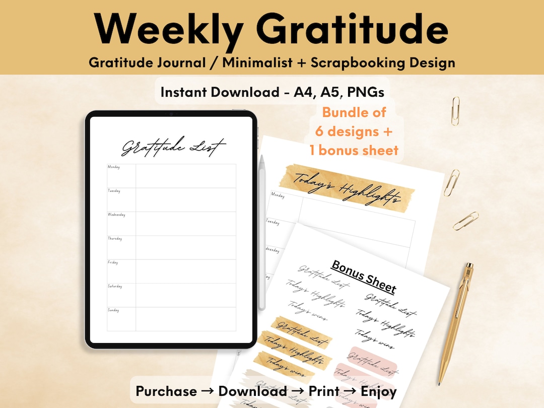 Weekly Gratitude Journal Printable, Minimalist Calligraphy ...