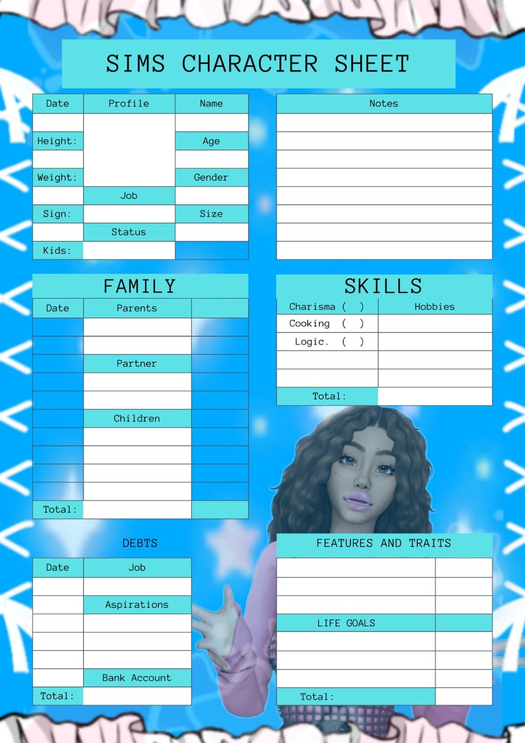 Sims Character Printable Sheet - Etsy