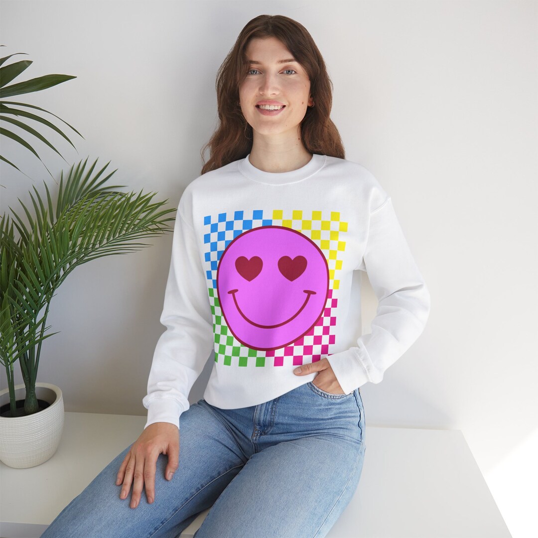 Smiley Face Checkered Crewneck Sweatshirt, Rainbow Checkered Sweatshirt ...
