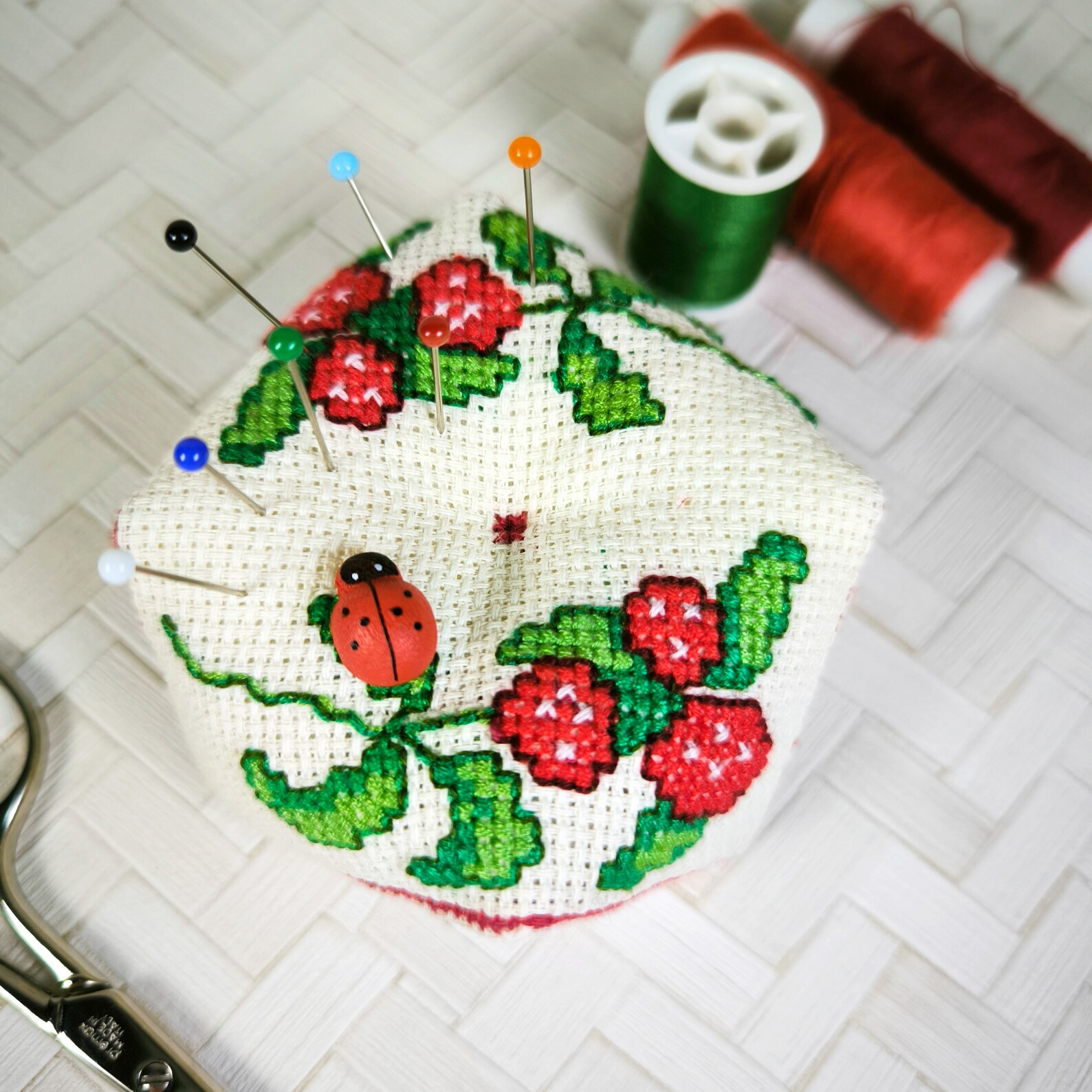 Cross Stitch Strawberry Pincushion Flower Biscornu One of A Kind ...