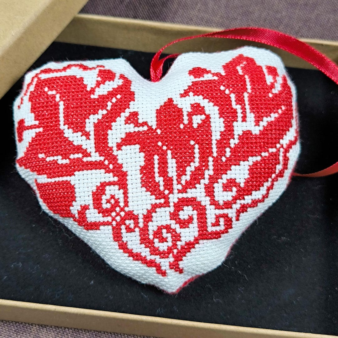 Cross Stitch Red Heart Pincushion Biscornu Floral One of a Kind ...