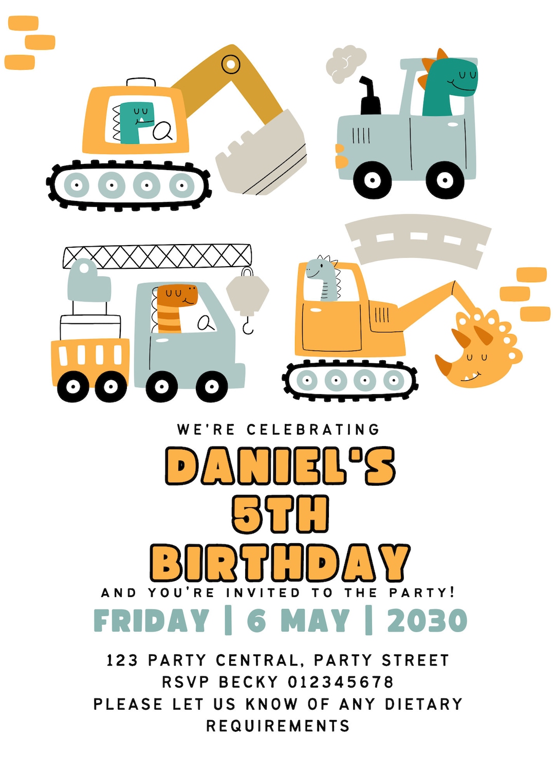 Dinosaurs and Diggers Party Invitation - Etsy