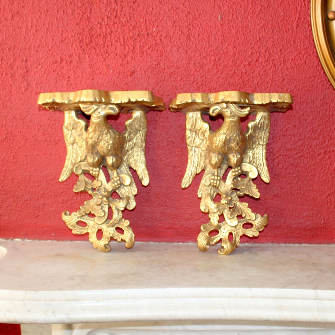 Pair Eagle Shelves Corbels Carved Wood Federal Imperial Gold Sconce ...