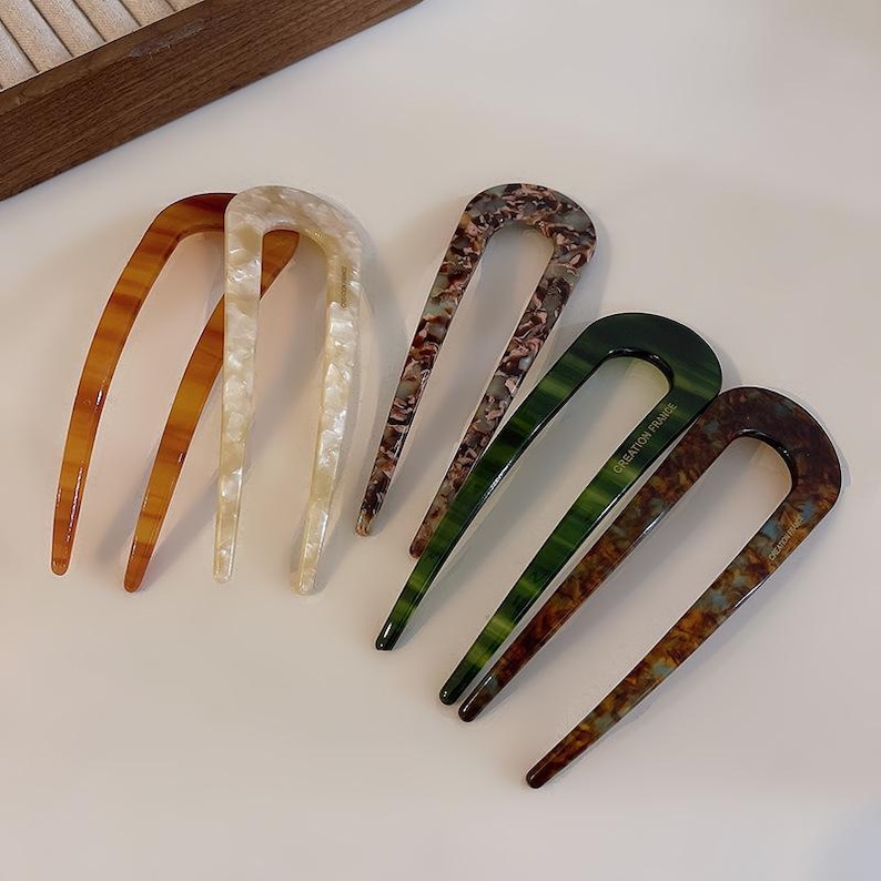 U-shaped French Hair Pin: Multi-colored Cellulose Acetate, Elegant Long ...
