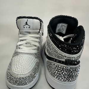 Bling Jordan 1 Mids, Custom Rhinestone Silver and Black Sneakers ...