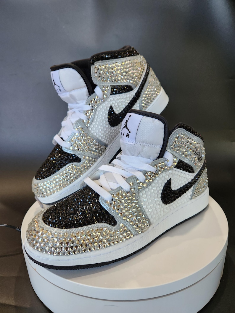 Fully Blinged Jordan 1 Mids- Silver Black White, Custom Rhinestone ...