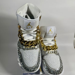 Rhinestone Jordan 1 Mids, Silver & Gold Custom Bling Sneakers ...