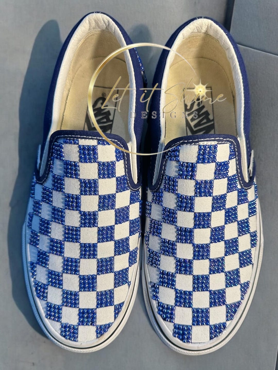 Custom Bling Checkerboard Vans Rhinestone Pearl Sneakers Slip on Shoes ...
