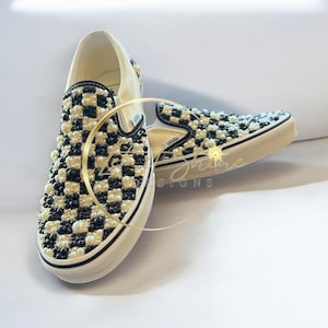 Custom Bling Checkerboard Vans, Rhinestone Pearl Slip-on Sneakers - Etsy