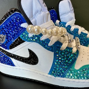 Blue Jordan 1 Mid, Custom Rhinestone Sneakers, Bedazzled Nikes, Teen ...