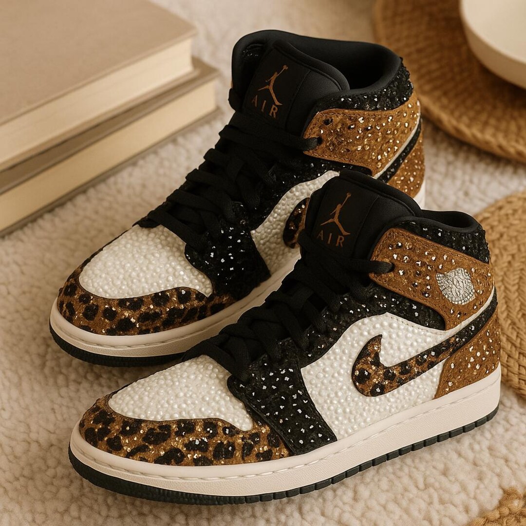 Leopard Bling Jordan 1 Mids, Custom Rhinestone Sneakers, Bedazzled ...