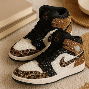 Leopard Bling Jordan 1 Mids, Custom Rhinestone Sneakers, Bedazzled ...