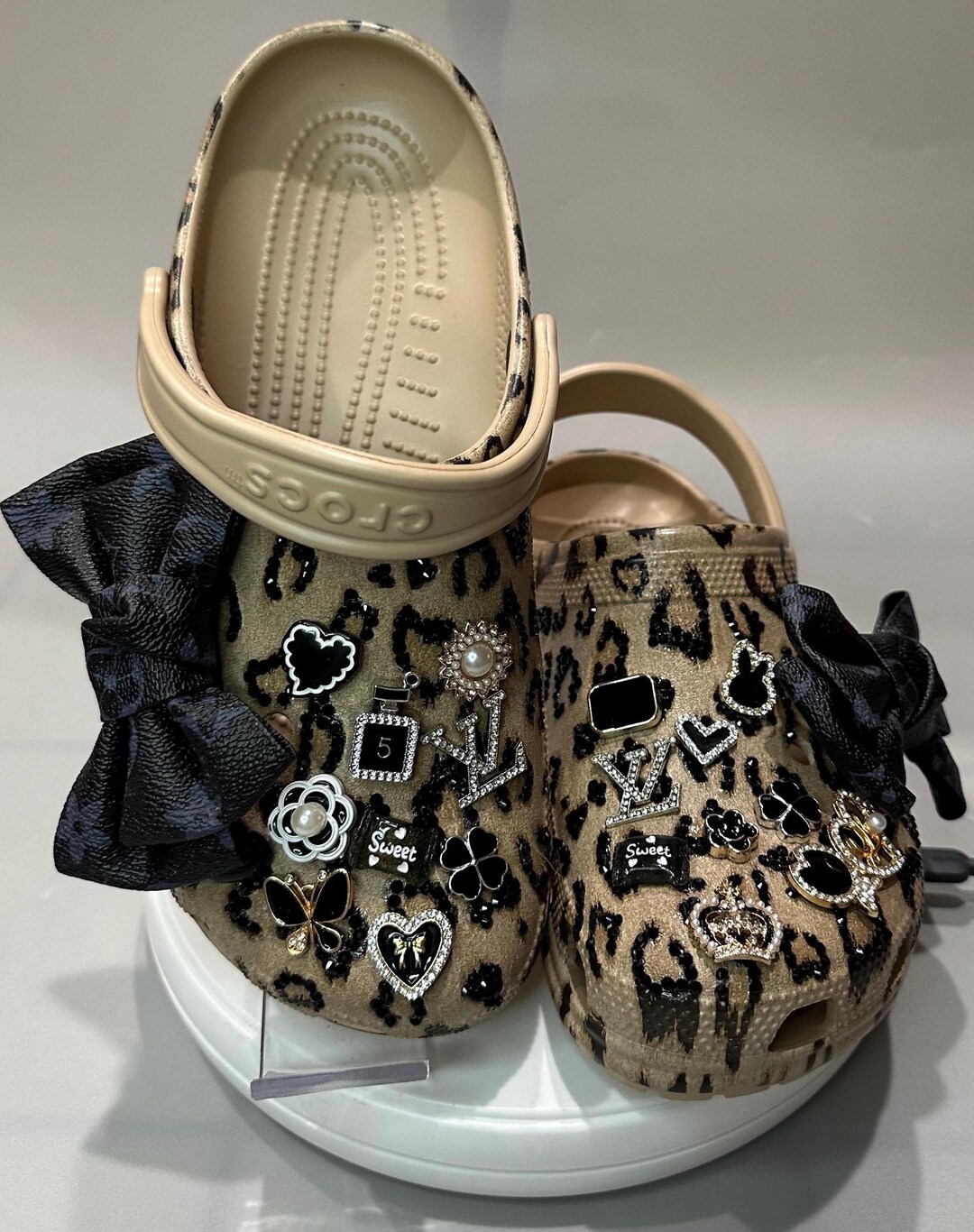 Leopard Cheetah Print Bling Crocs, Custom Rhinestone Luxury Clogs ...