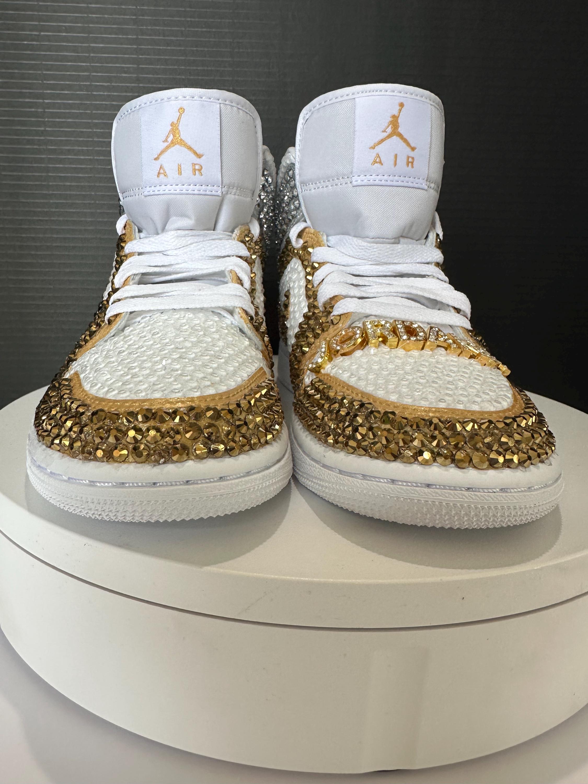 Gold Rhinestone Jordan 1 Mids, Custom Rhinestone Sneakers, Bedazzled ...