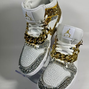 Rhinestone Jordan 1 Mids, Silver & Gold Custom Bling Sneakers ...