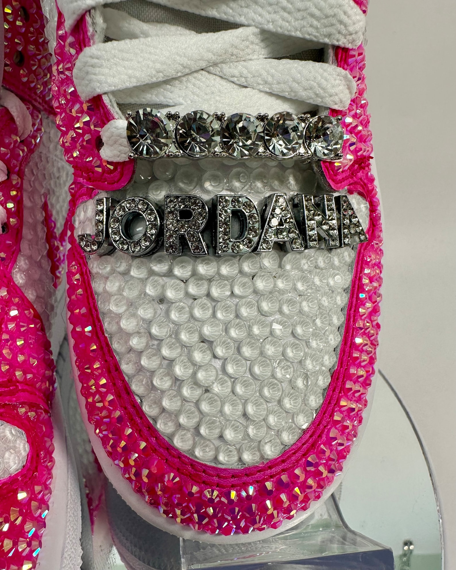 Pink Nike Air Jordan Rhinestone Sneakers, Authentic Bedazzled J1 Mid ...