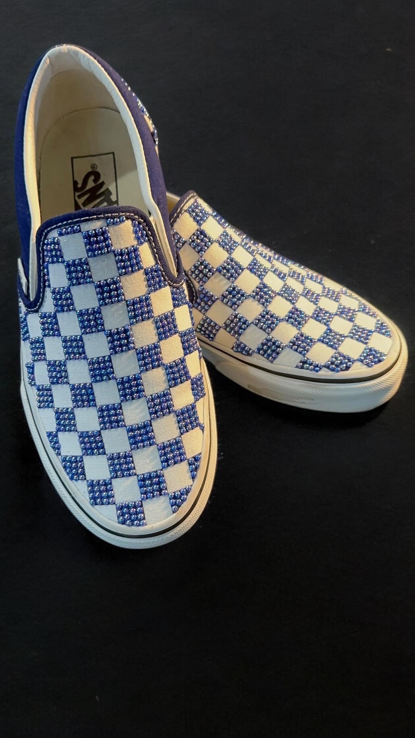 Custom Bling Checkerboard Vans Rhinestone Pearl Sneakers Slip on Shoes ...