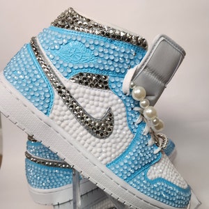 Authentic Fully Blinged Jordan 1 Mids- Blue, Rhinestone Sneakers ...