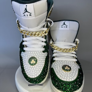 Fully Blinged Air Jordan 1 High OG or Mids Green and Gold, Boston ...