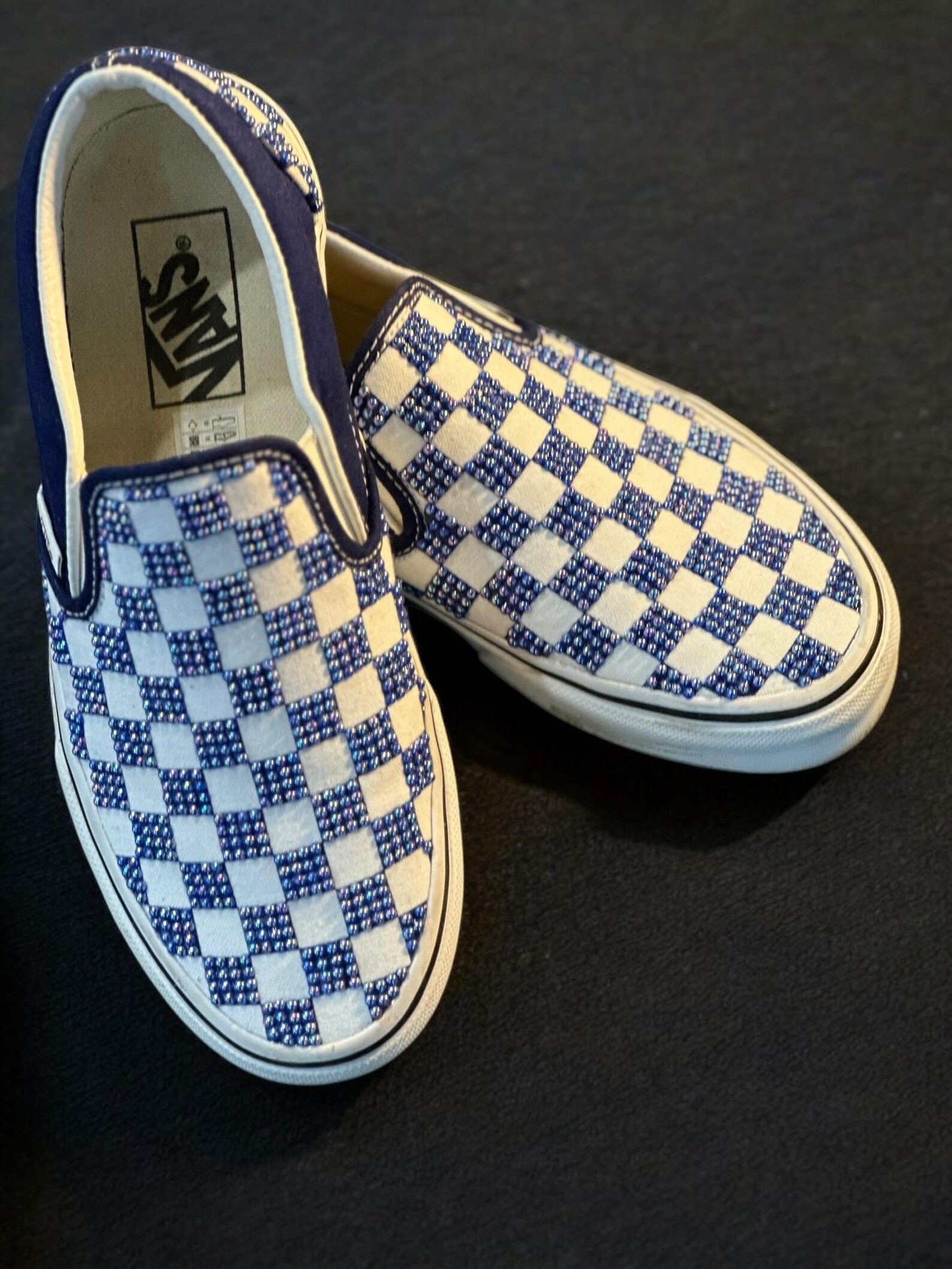 Custom Bling Checkerboard Vans Rhinestone Pearl Sneakers Slip on Shoes ...