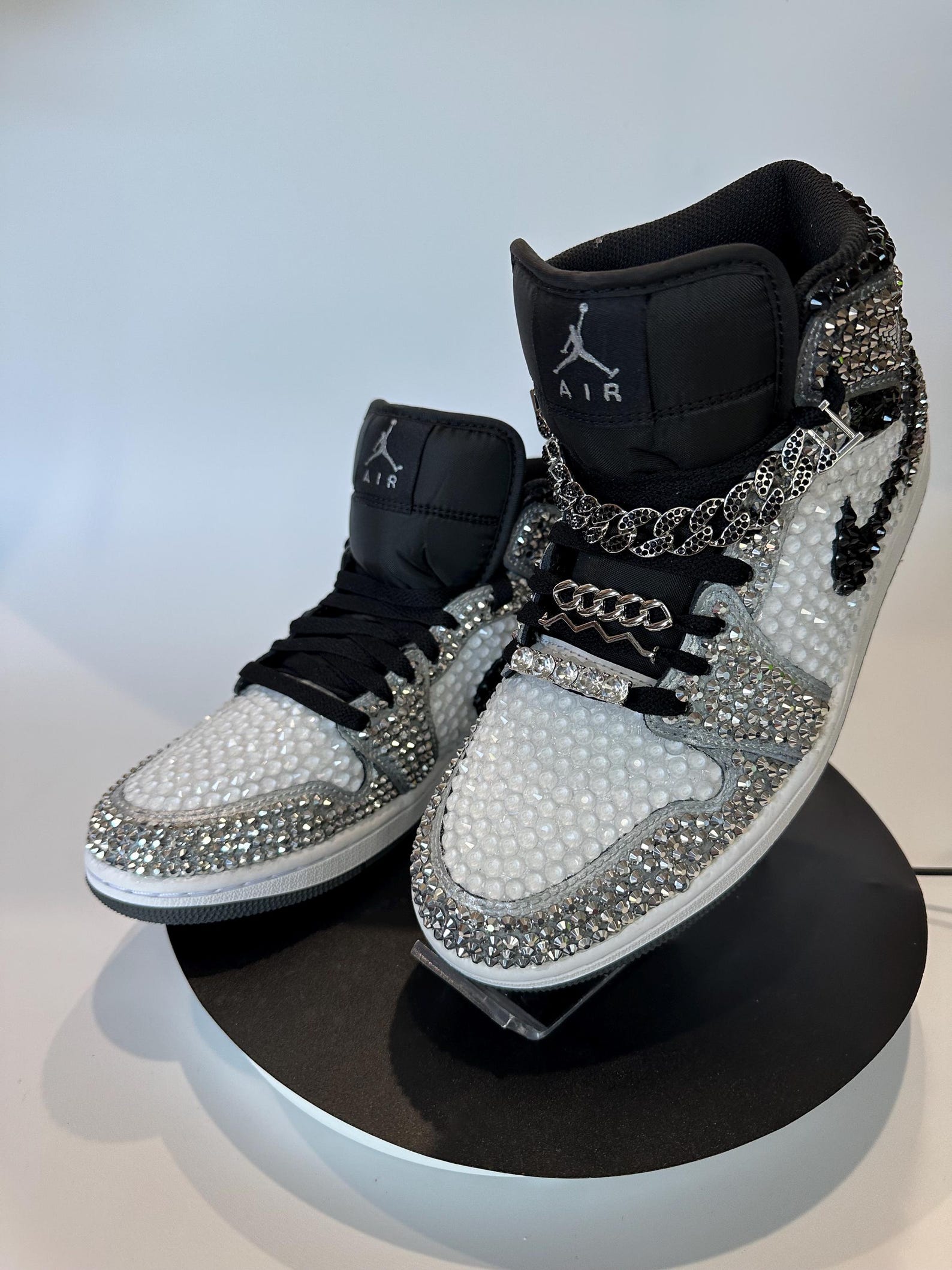 Rhinestone Jordan 1 Mid- Silver, Black Sneakers, Bedazzled Nikes ...