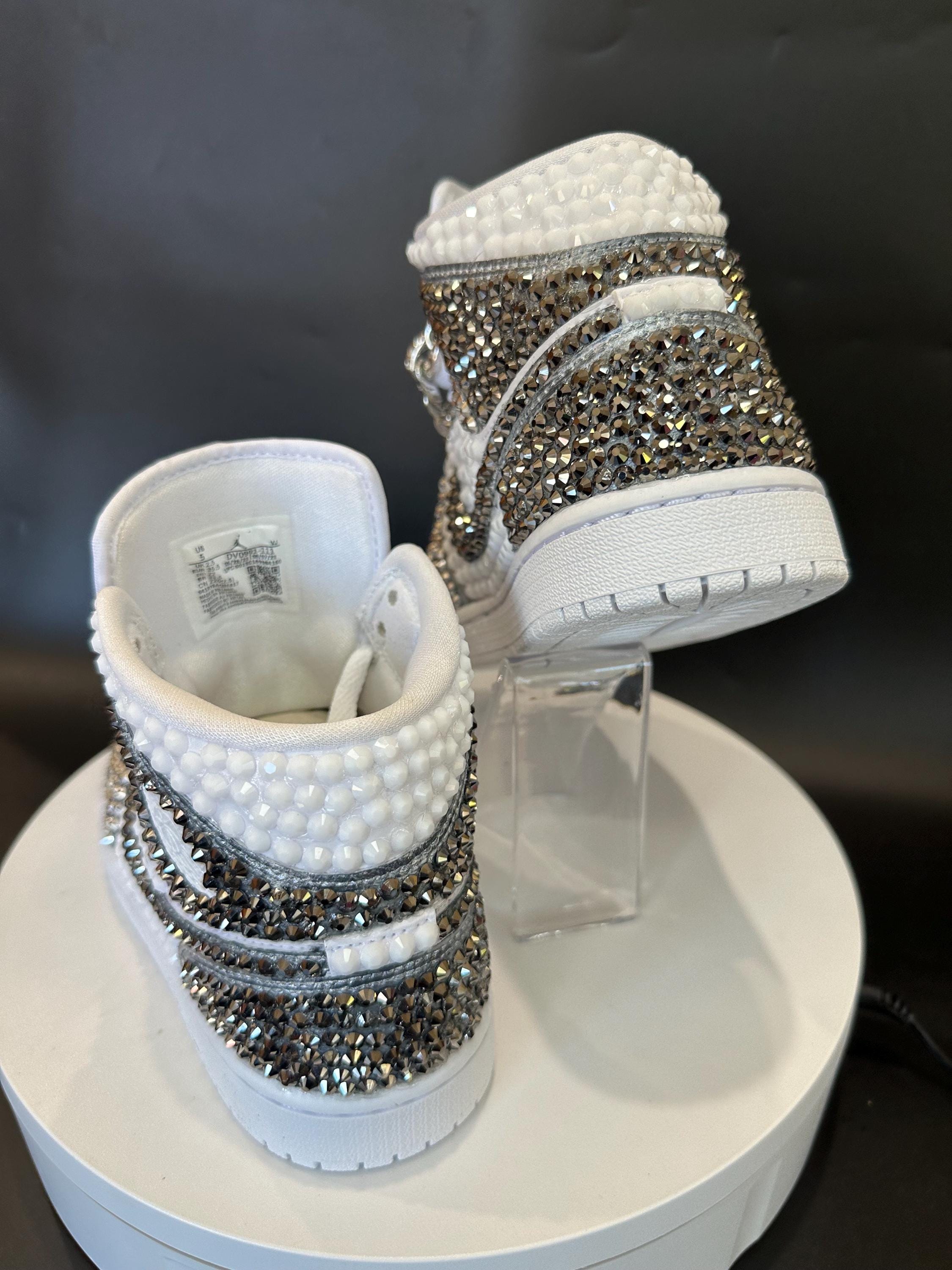 Rhinestone Jordan 1 Mids, White and Silver Custom Rhinestone Sneakers ...