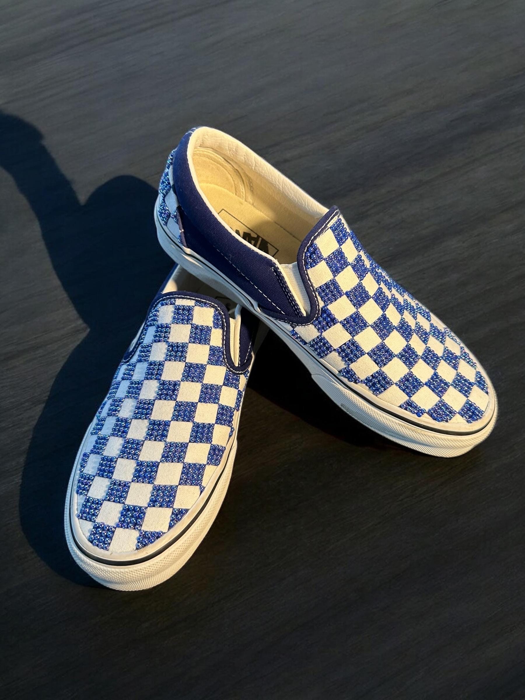 Custom Bling Checkerboard Vans Rhinestone Pearl Sneakers Slip on Shoes ...