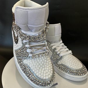 Rhinestone Jordan 1 Mids, White and Silver Custom Rhinestone Sneakers ...
