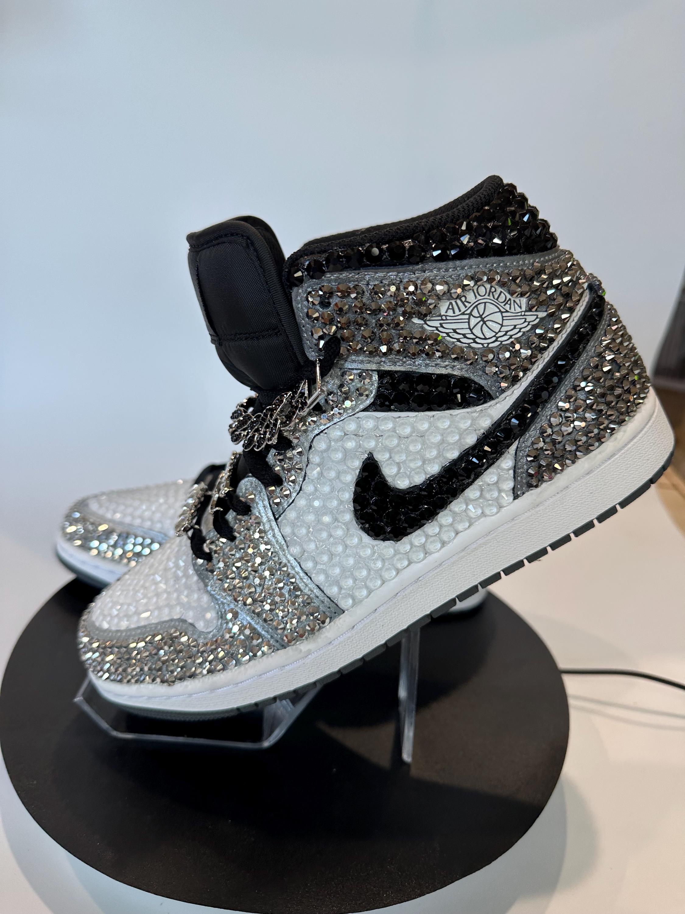 Rhinestone Jordan 1 Mid- Silver, Black Sneakers, Bedazzled Nikes ...