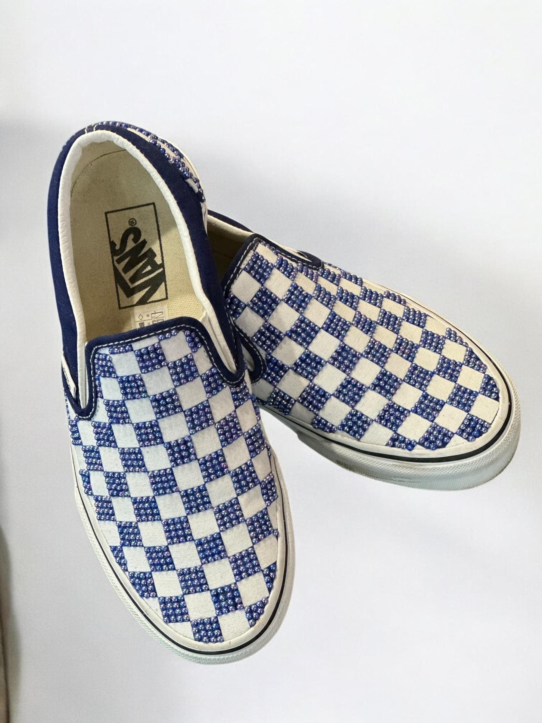 Custom Bling Checkerboard Vans Rhinestone Pearl Sneakers Slip on Shoes ...