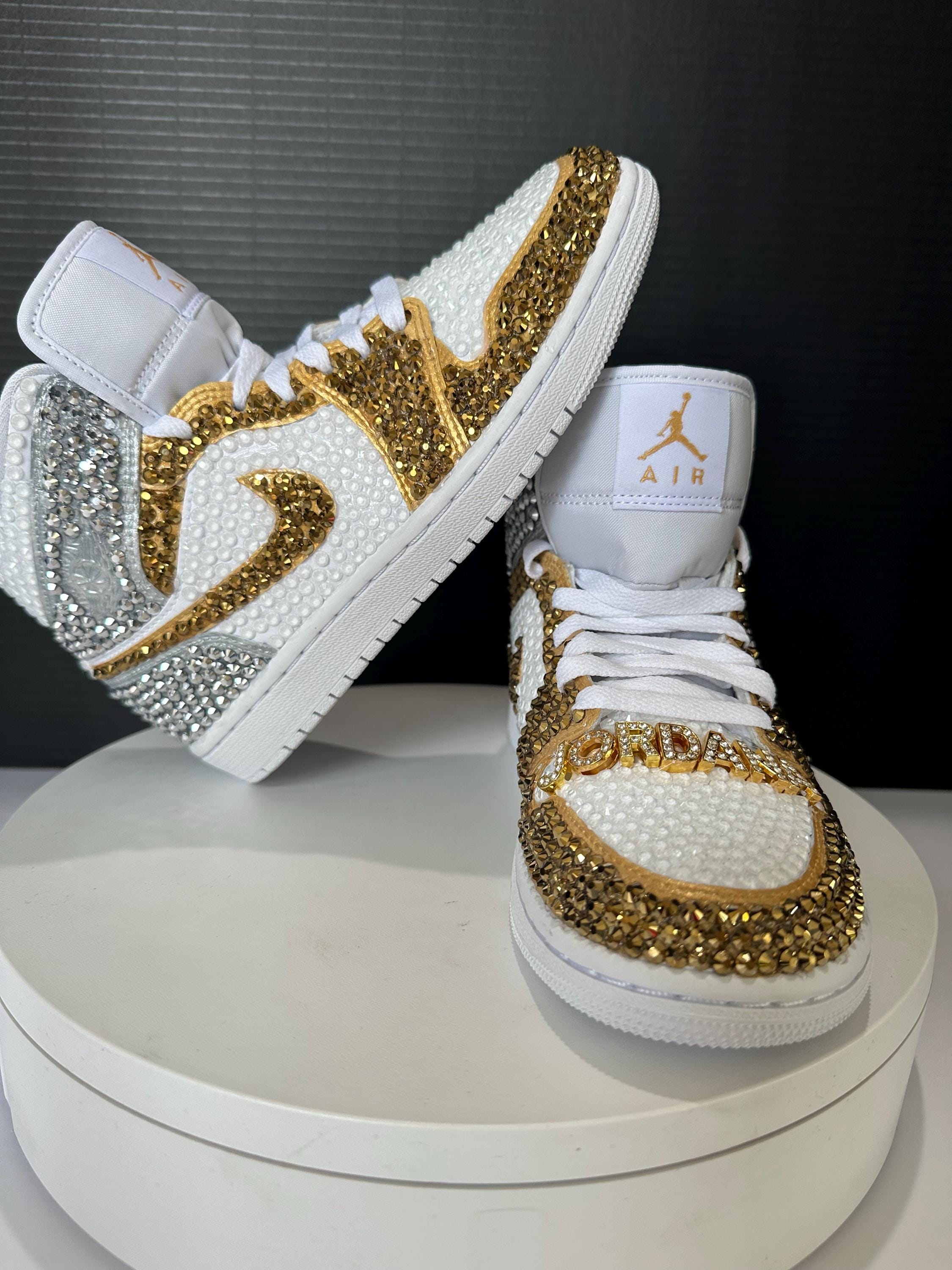 Gold Rhinestone Jordan 1 Mids, Custom Rhinestone Sneakers, Bedazzled ...
