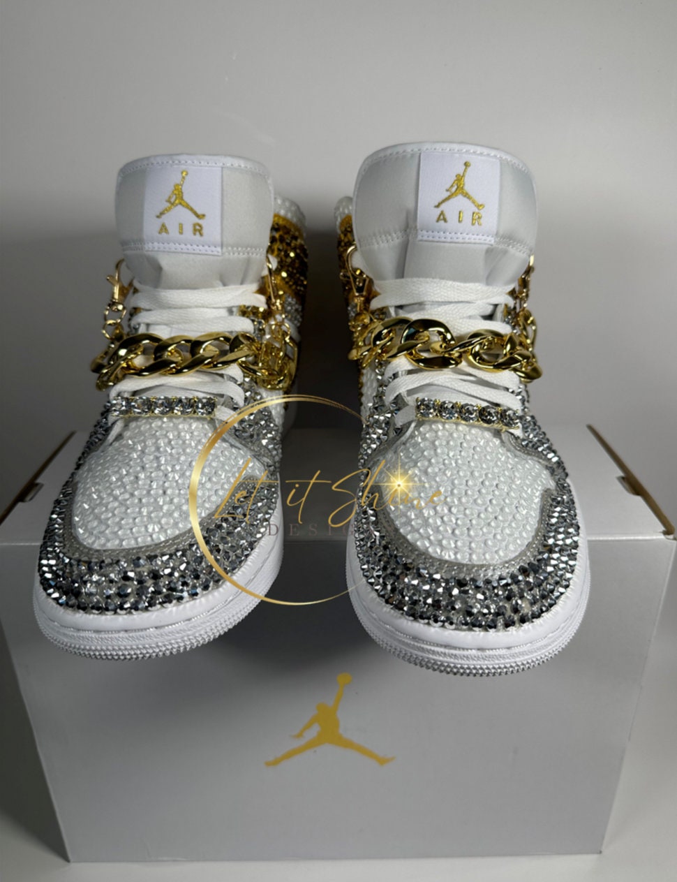 Rhinestone Jordan 1 Mids, Silver & Gold Custom Bling Sneakers ...