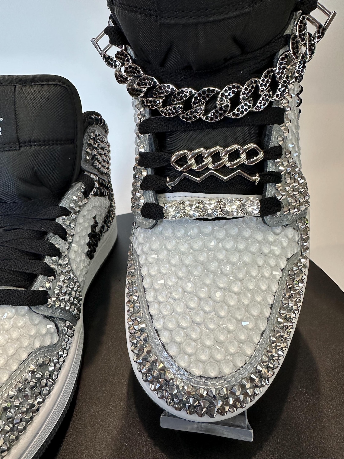 Rhinestone Jordan 1 Mid- Silver, Black Sneakers, Bedazzled Nikes ...