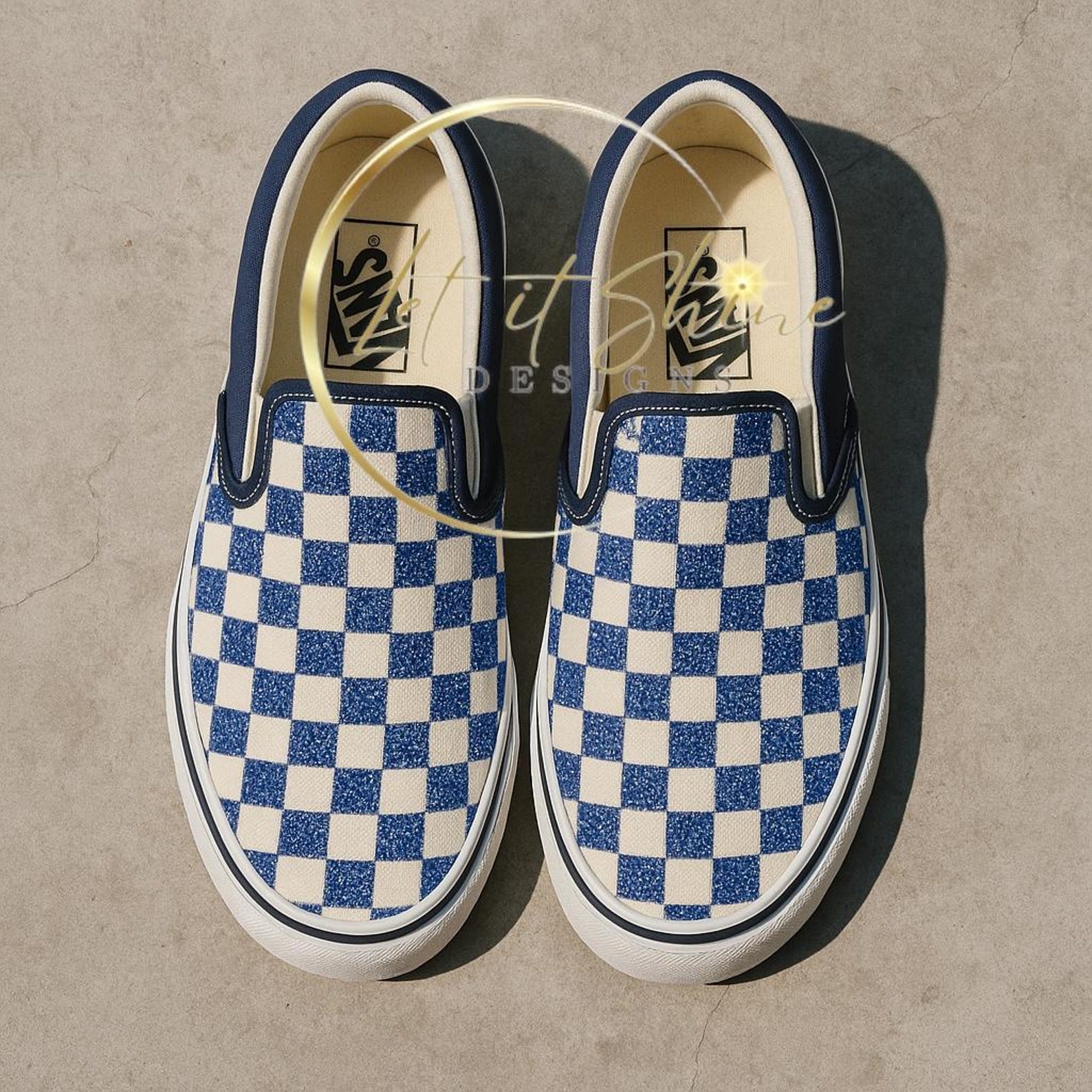 Custom Bling Checkerboard Vans Rhinestone Pearl Sneakers Slip on Shoes ...
