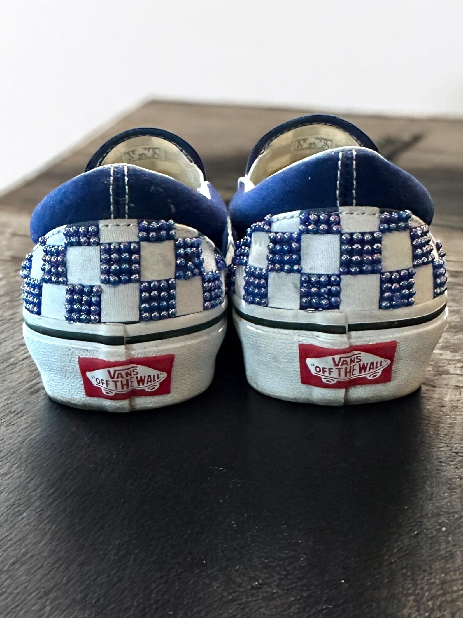 Custom Bling Checkerboard Vans Rhinestone Pearl Sneakers Slip on Shoes ...