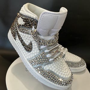 Rhinestone Jordan 1 Mids, White and Silver Custom Rhinestone Sneakers ...