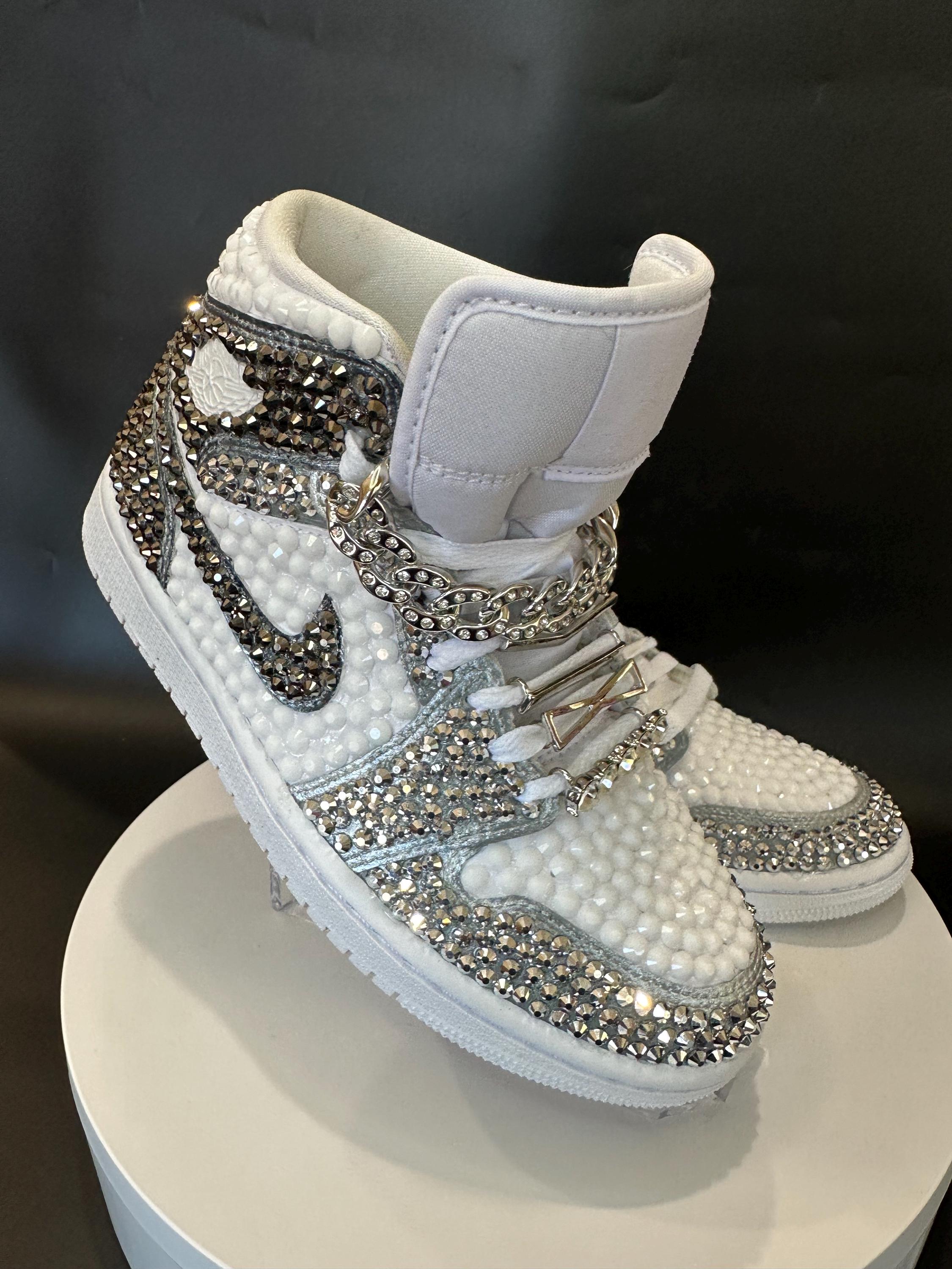 Rhinestone Jordan 1 Mids, White and Silver Custom Rhinestone Sneakers ...