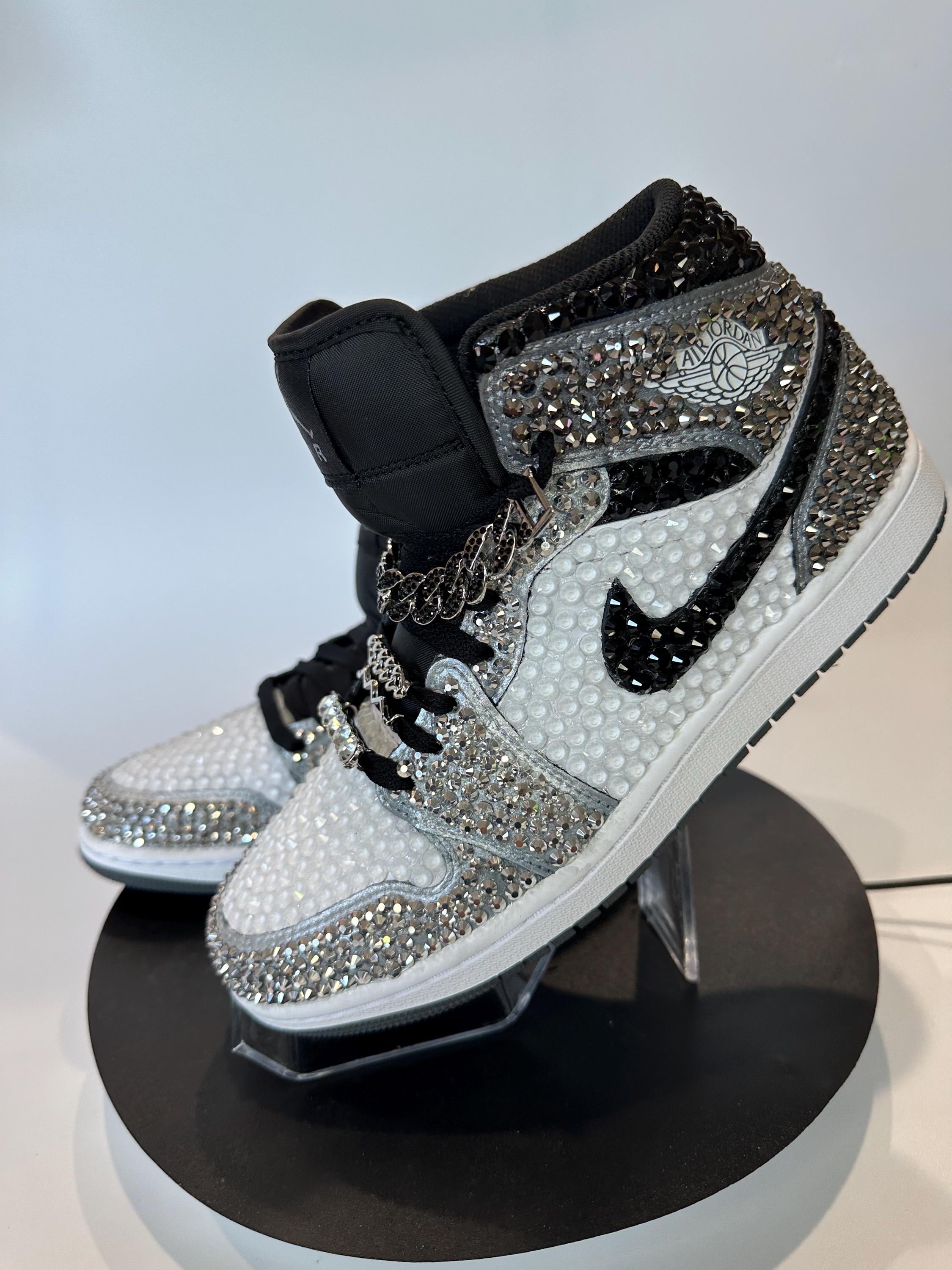 Rhinestone Jordan 1 Mid- Silver, Black Sneakers, Bedazzled Nikes ...