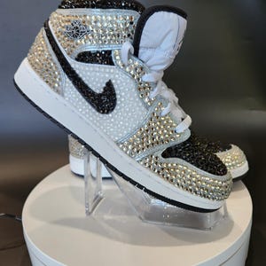 Fully Blinged Jordan 1 Mids- Silver Black White, Custom Rhinestone ...