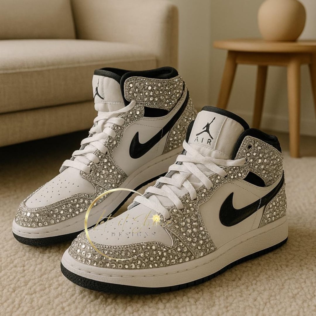 Rhinestone Jordan 1 Mids, Custom Bling Sneakers, Bedazzled Nikes - Etsy