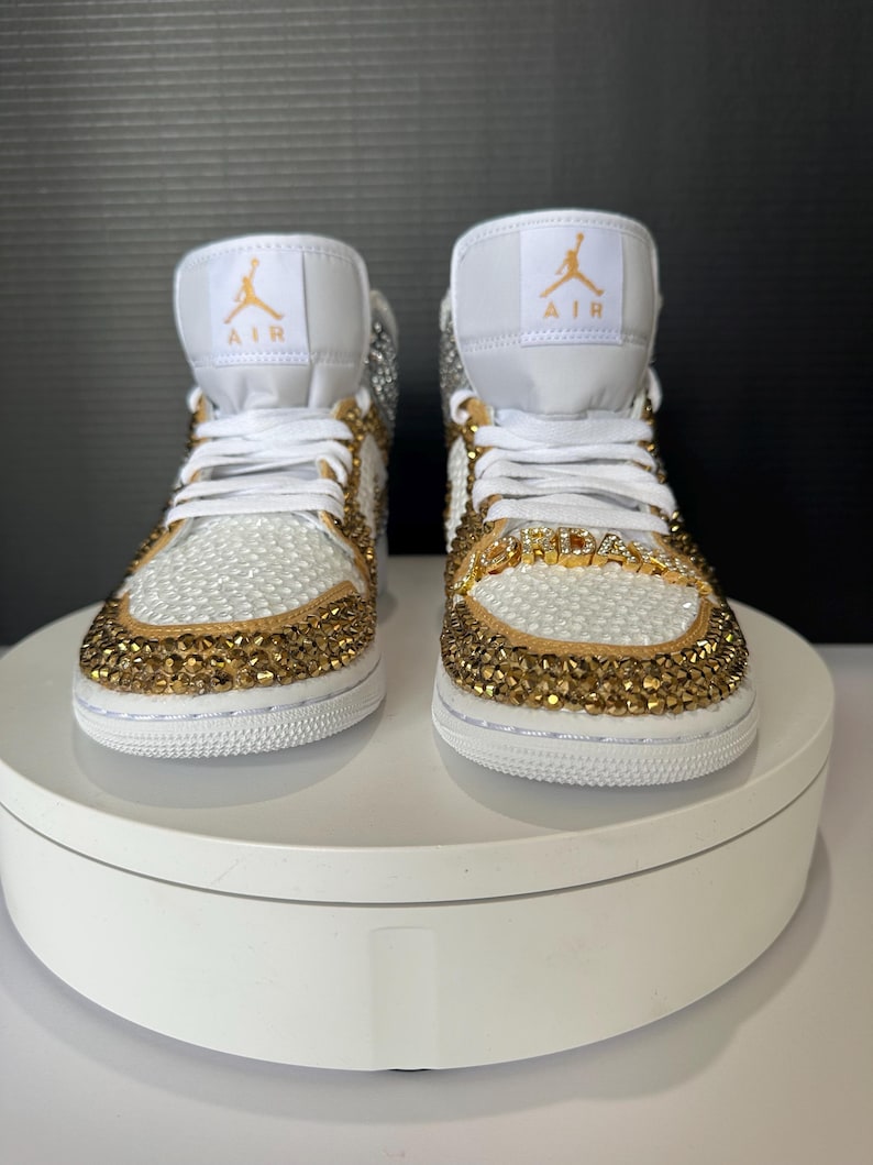Gold Rhinestone Jordan 1 Mids, Custom Rhinestone Sneakers, Bedazzled ...