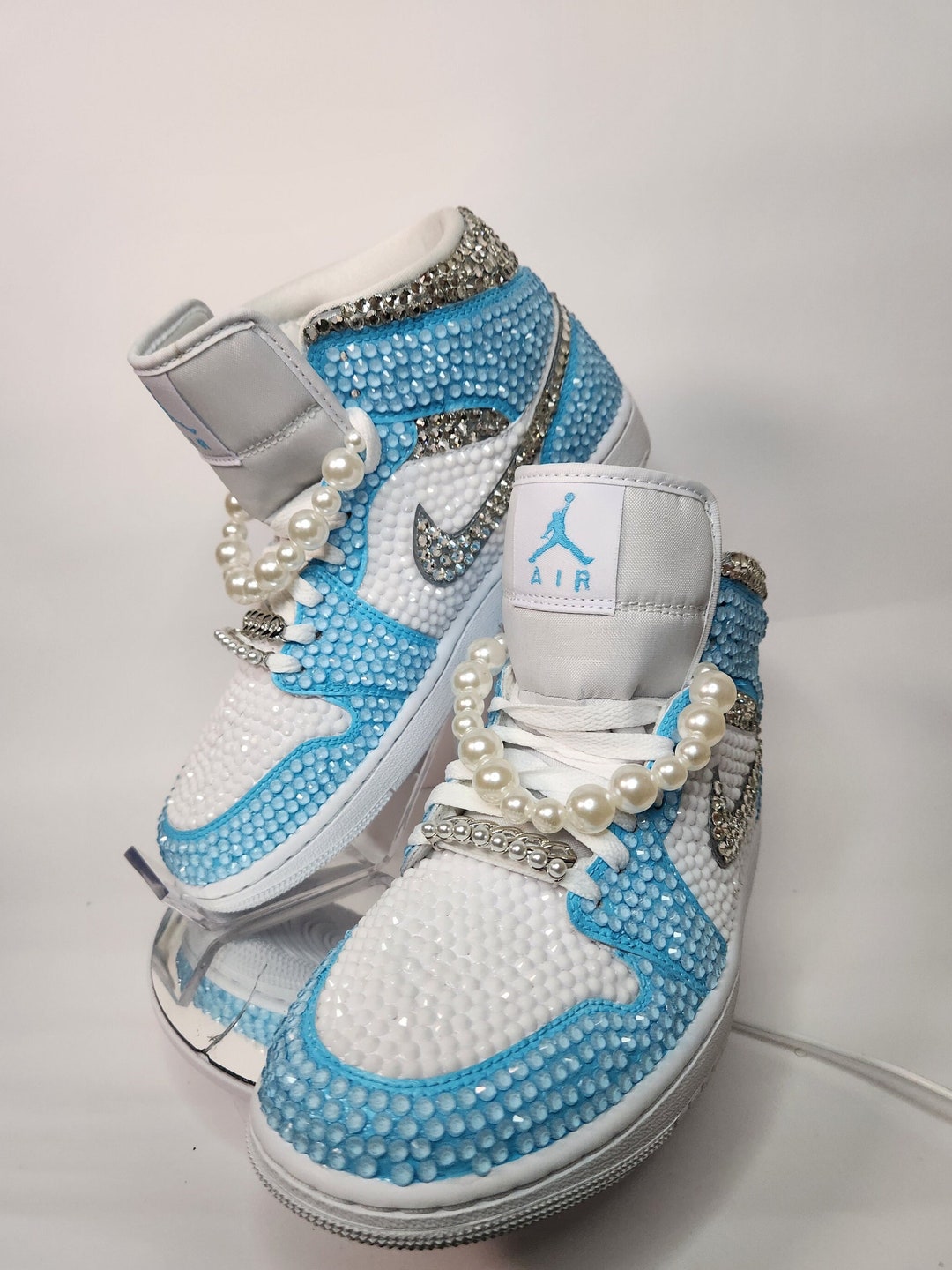 Authentic Fully Blinged Jordan 1 Mids- Blue, Rhinestone Sneakers ...