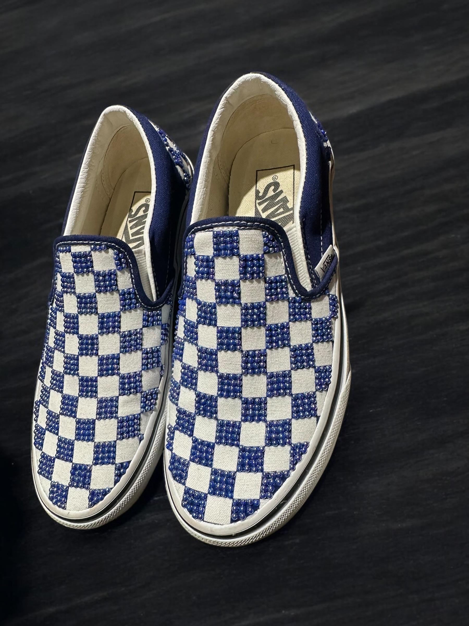 Custom Bling Checkerboard Vans Rhinestone Pearl Sneakers Slip on Shoes ...